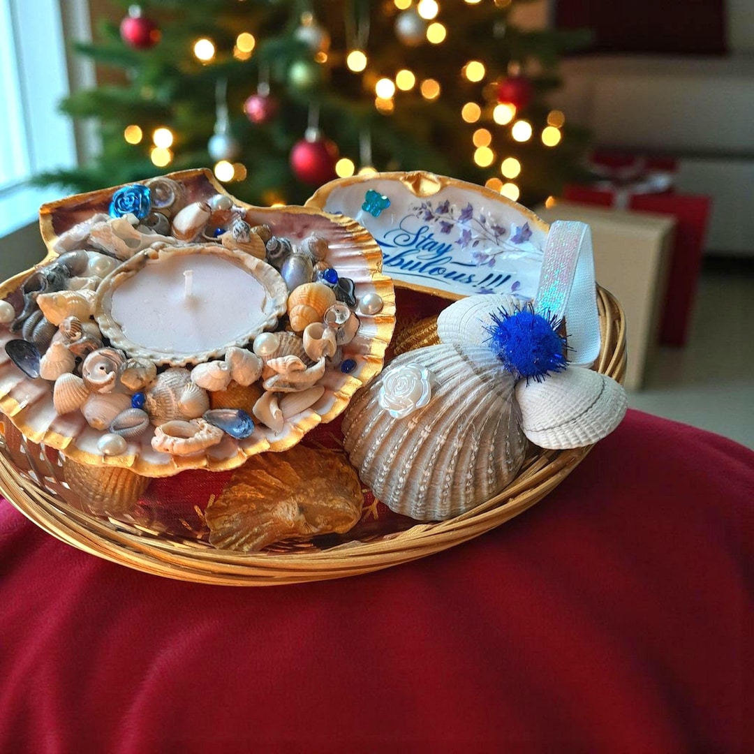 Irish Seashell Christmas Gift Basket Set, Handmade Scallop Shell Tea ...