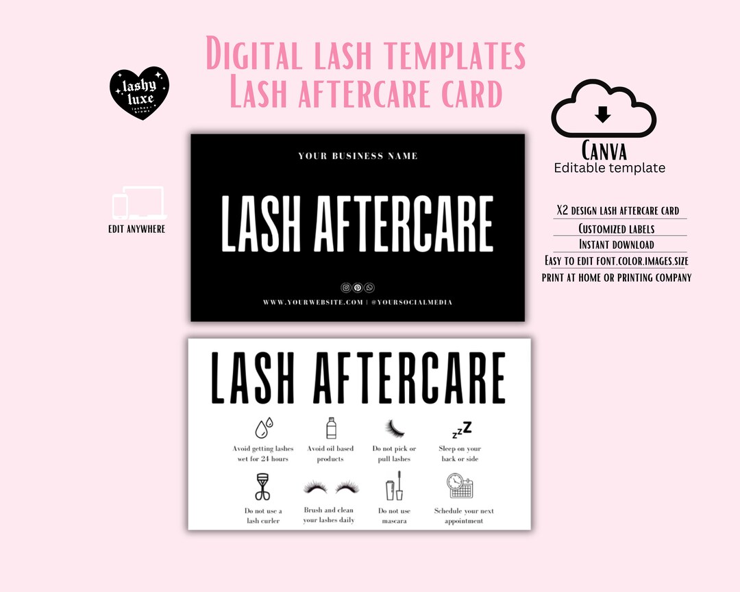 Lash Aftercare Card Template Customization Lash Card, Lash Tech, Diy ...