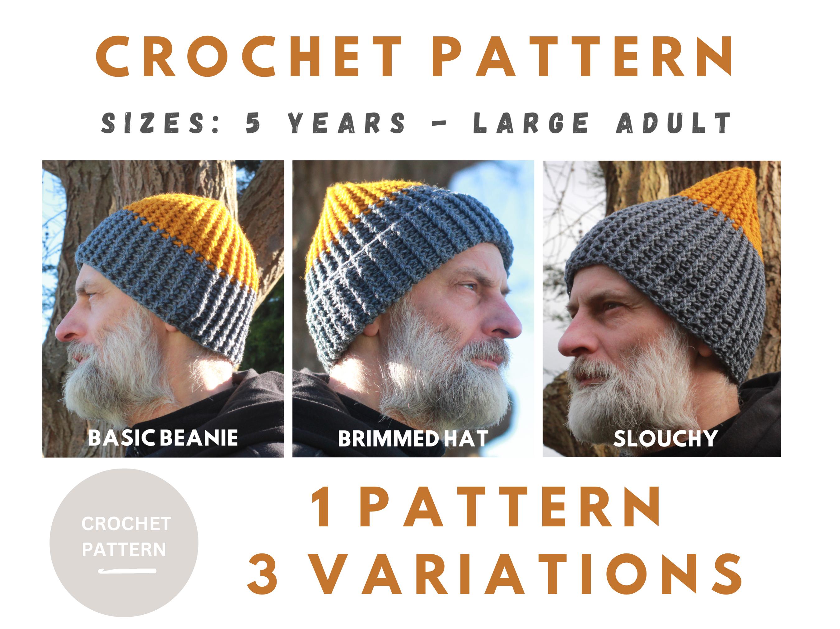 CROCHET PATTERN ONLY** - 1 Pattern - 3 Hat Styles - Beanie, Brimmed and ...