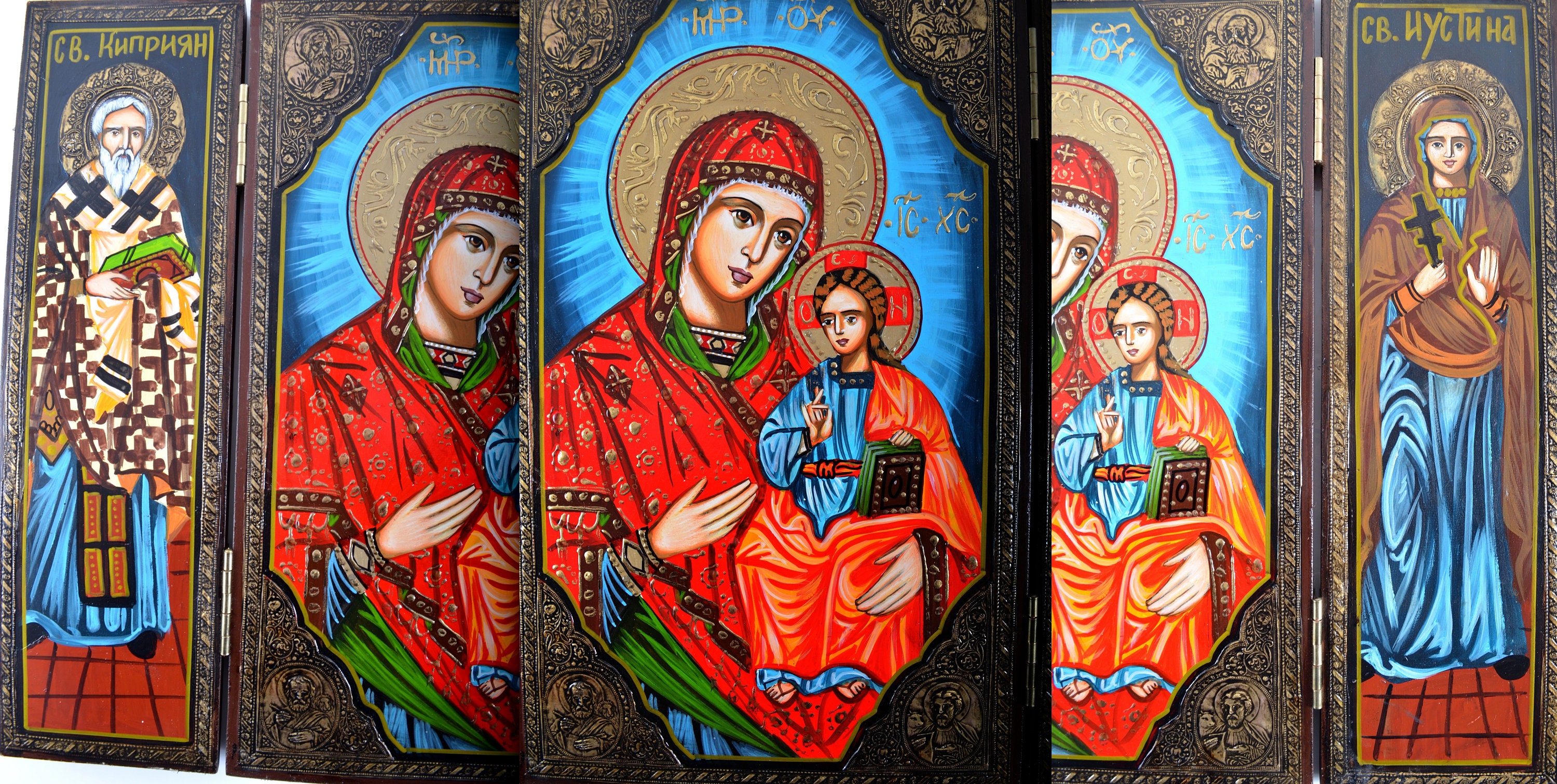 Triptych Aged Wooden Hand Painted Icon-saint Cyprian, Saint Mary With ...