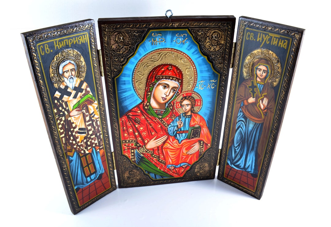Triptych Aged Wooden Hand Painted Icon-saint Cyprian, Saint Mary With Jesus Christ and Saint ...