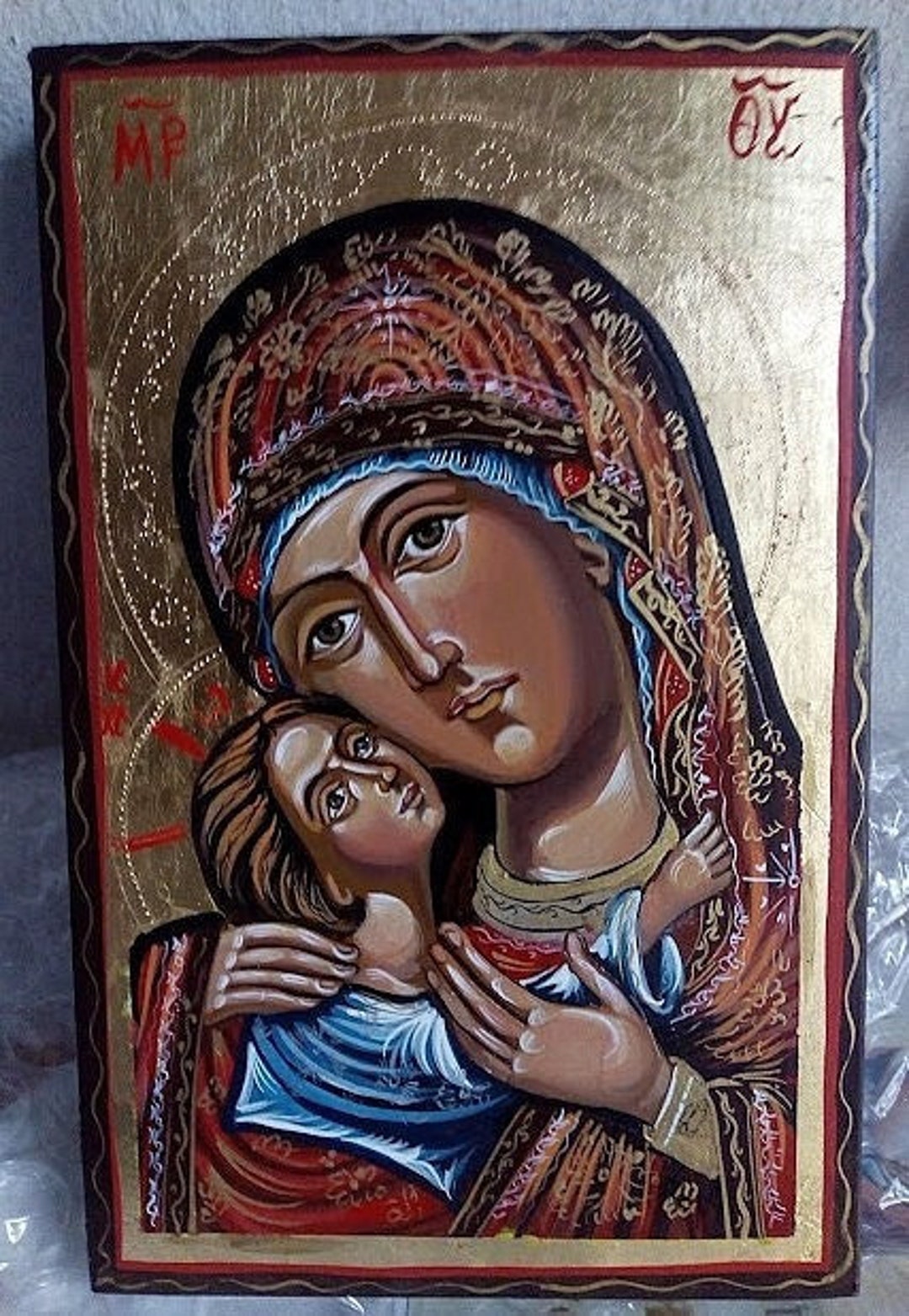 Hand Painted Icon - Blessed Virgin Mary and Jesus Christ, Religious Art ...