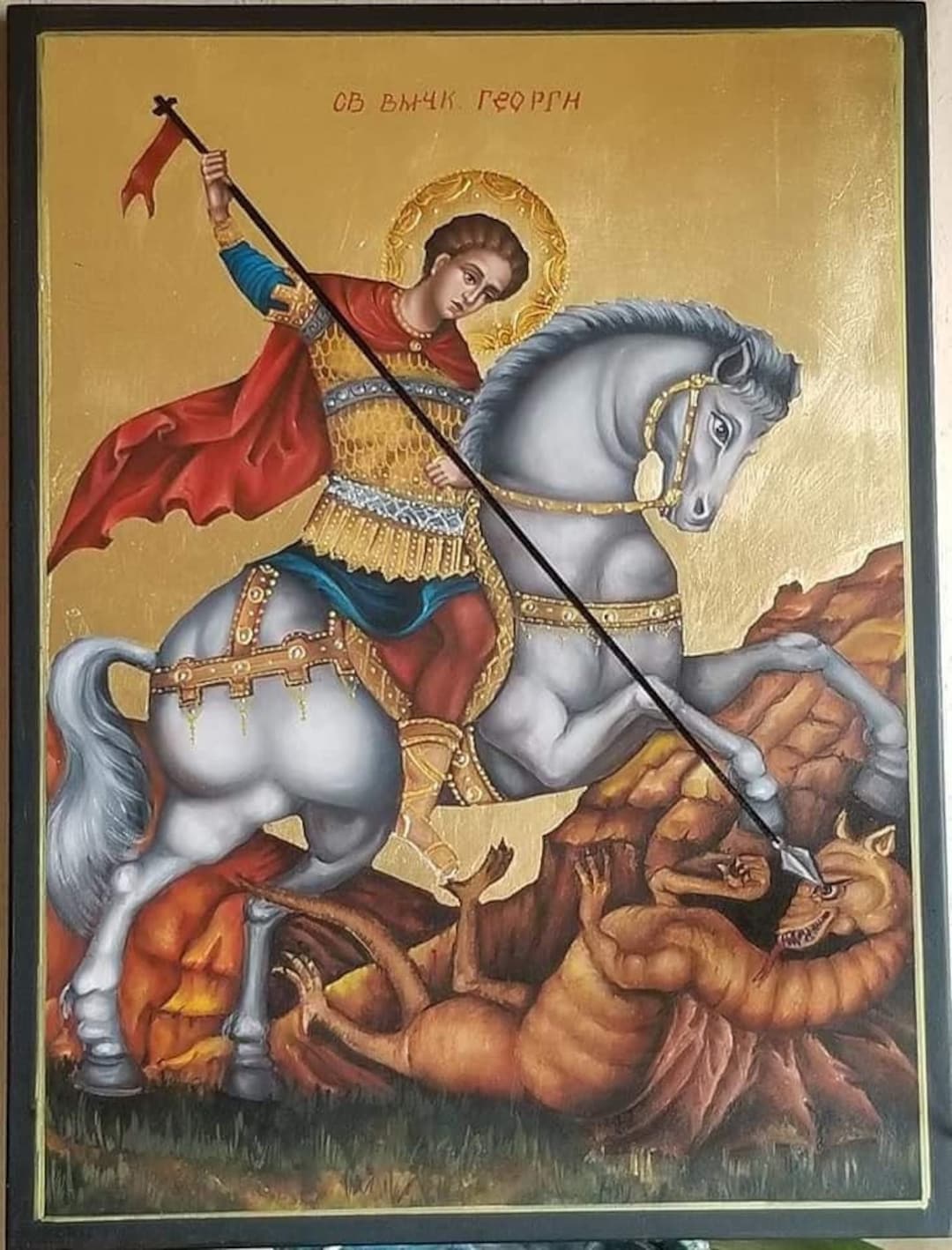 Saint George and the Dragon 24K GOLD Leaf 100% Hand Painted Christian ...