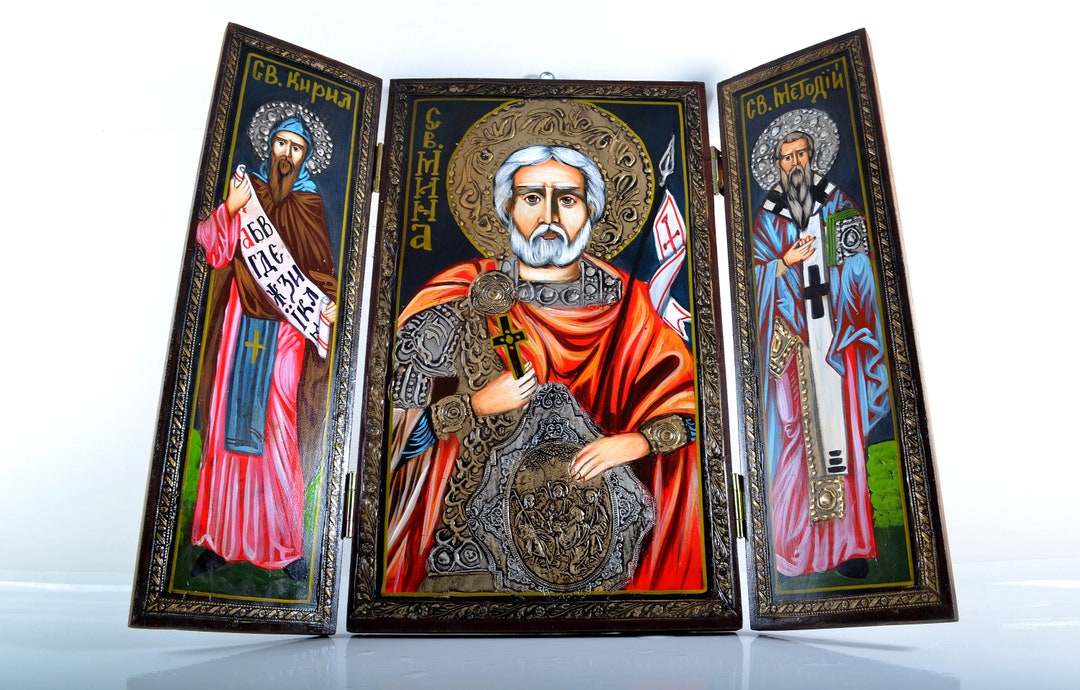 Triptych, Aged Wooden Hand Painted Icon - Saint Menas, Saints Cyril and Methodius - 50x60 Cm ...