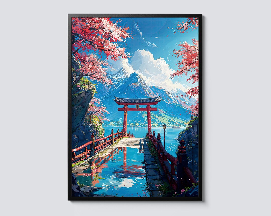 Japanese Shrine Cartoon Art Print, Anime Style Illustration Poster ...