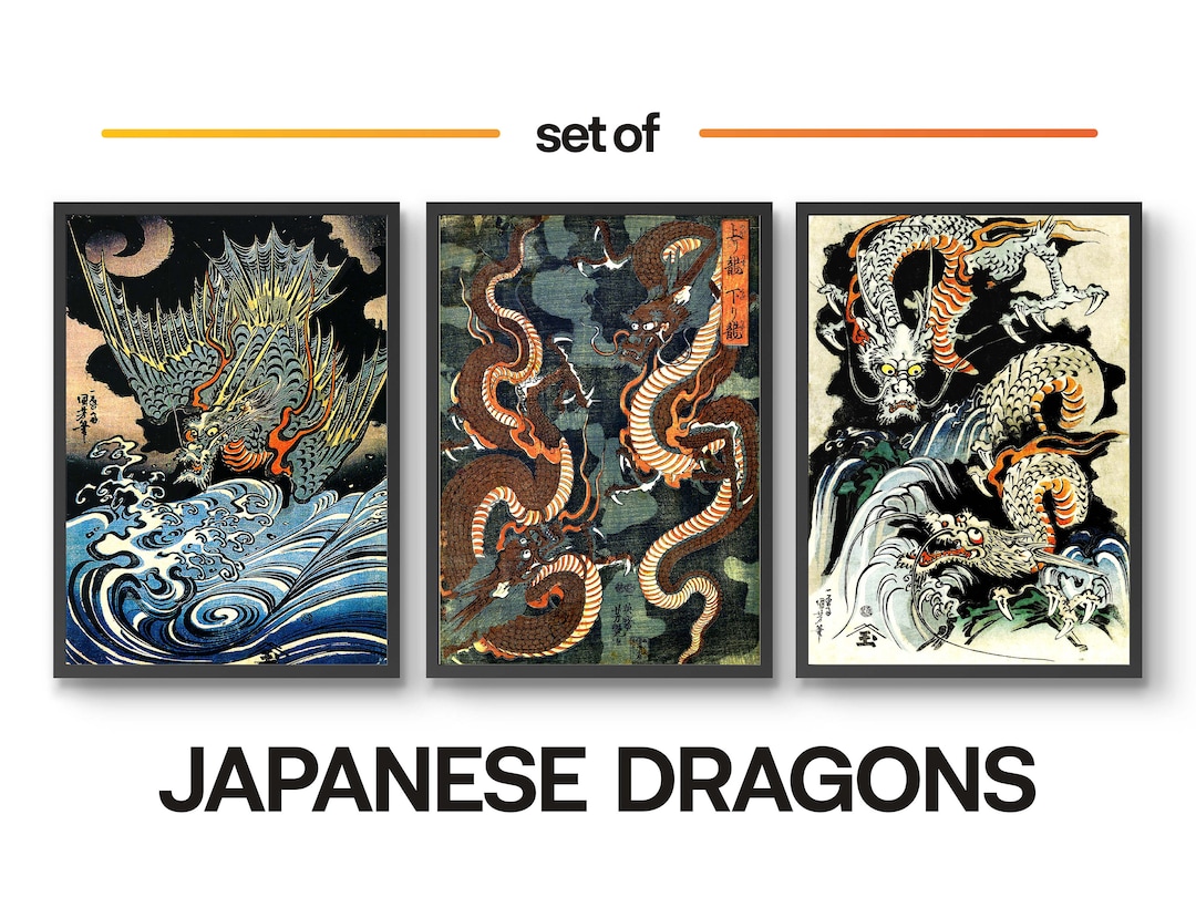 Japanese Dragons Set of 3 Prints, Mythical Dragon Poster Wall Art ...