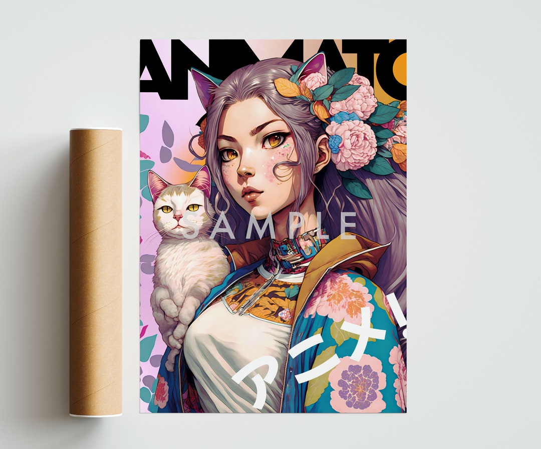 Japanese Cat Girl Poster, Cute Manga Anime Kawaii Girl, White Cat ...