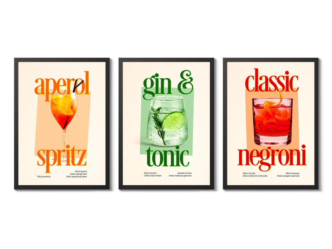 Cocktails Triple Print Set, Typographic Kitchen Poster, Alcohol Wall ...