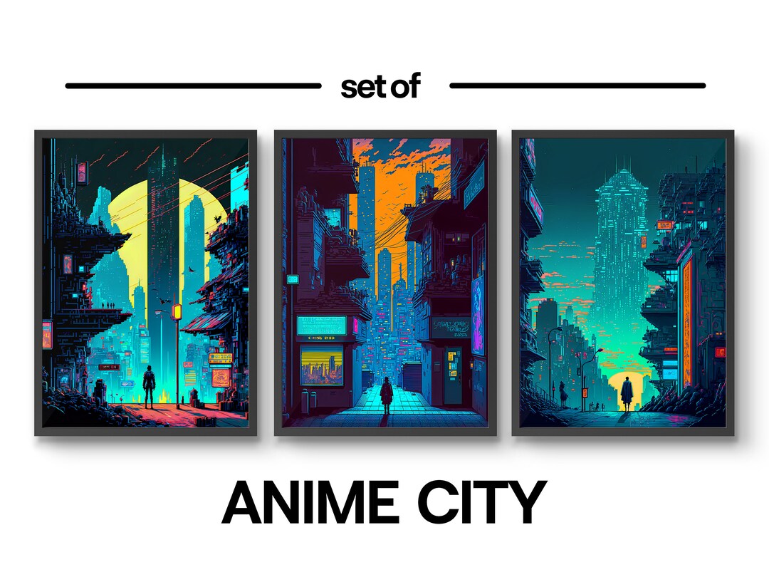Anime City Set of 3 Posters, Japanese Arcade Game Art, Neon Glossy Wall ...