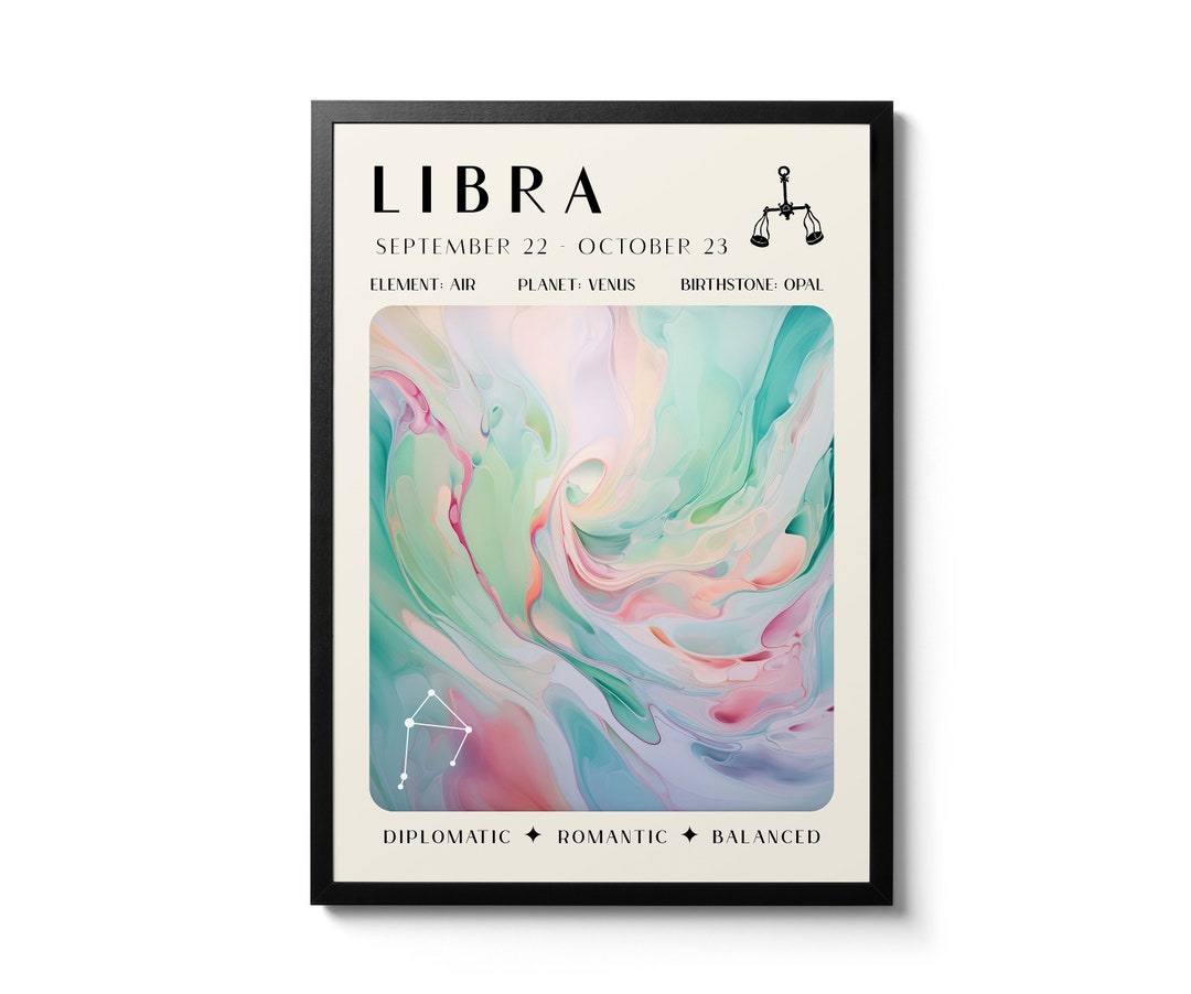Libra Astrology Print, Retro Zodiac Wall Art, Vintage Star Sign Home ...