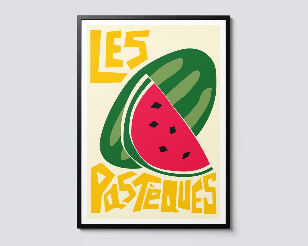 Watermelons Collage Illustration, Modern Graphic Fruit Print, Green and ...