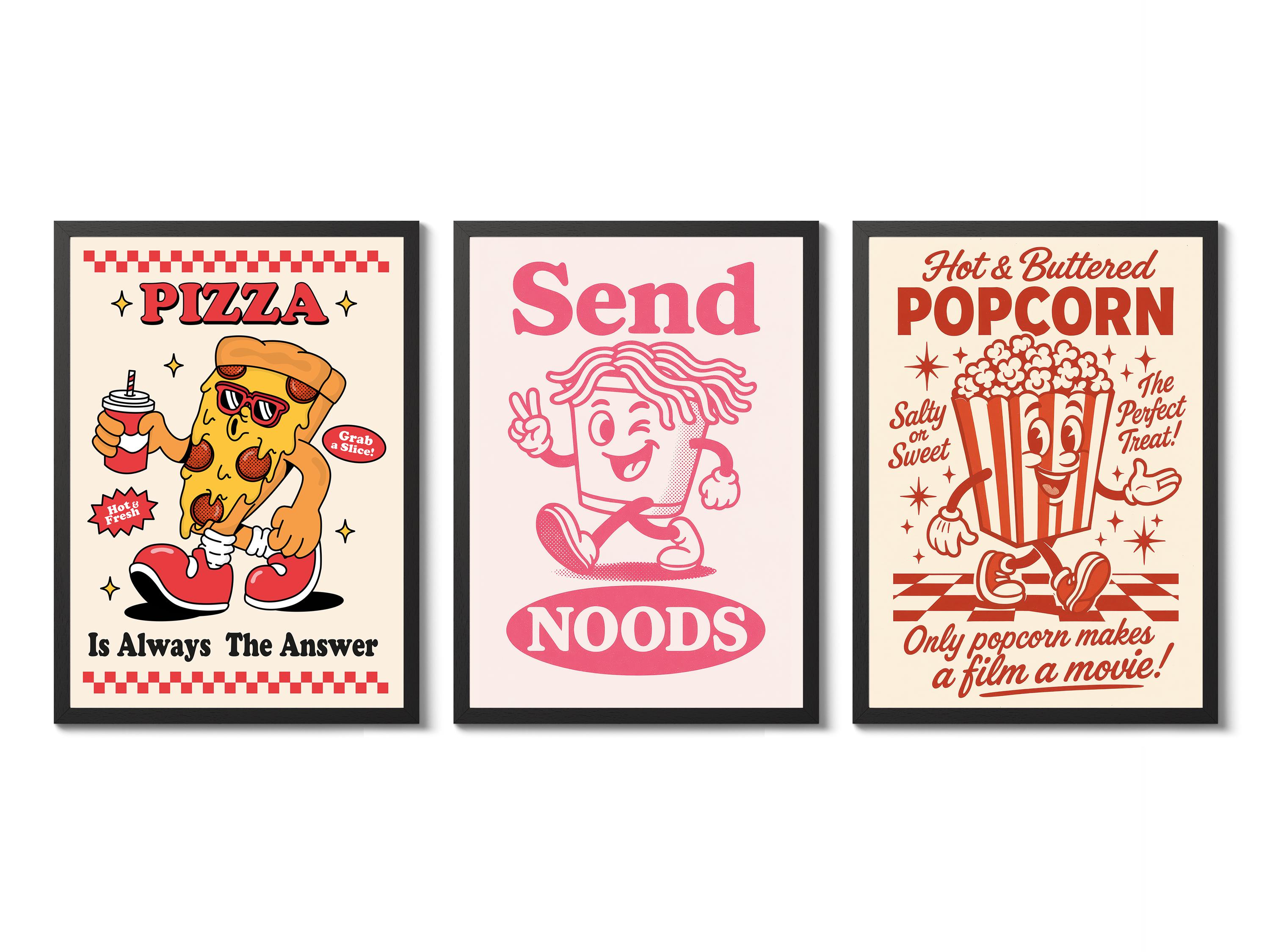 Classic Food Mascots, Vintage Food Decor Print Set, Illustration Poster ...