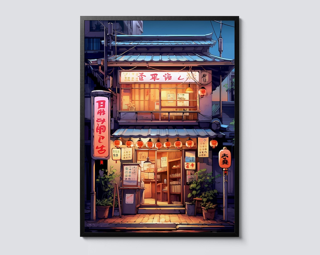 Anime Ramen Shop Night Scene, Japanese Street Food Illustration Print ...