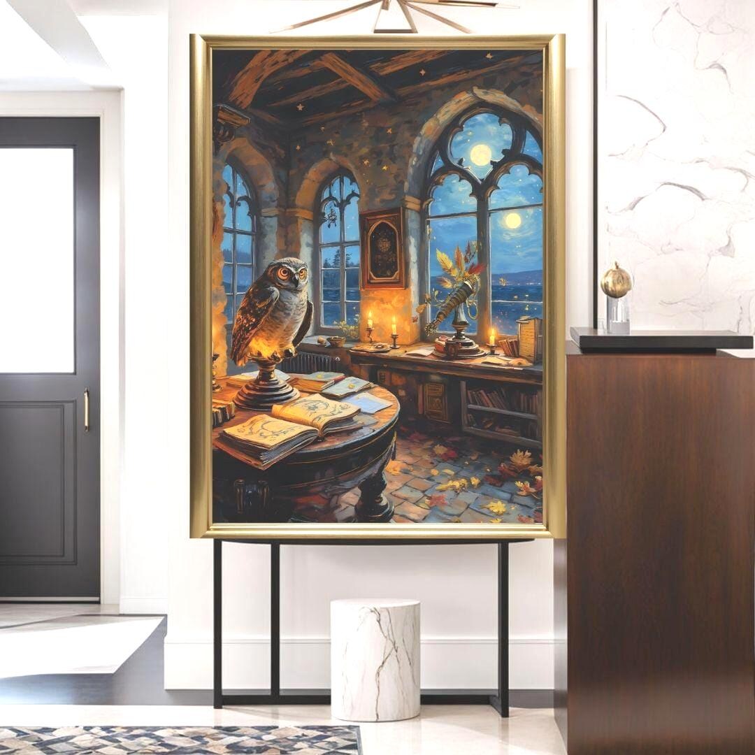 Owl in Gothic Observatory | Dark Academia Halloween Wall Art - Etsy