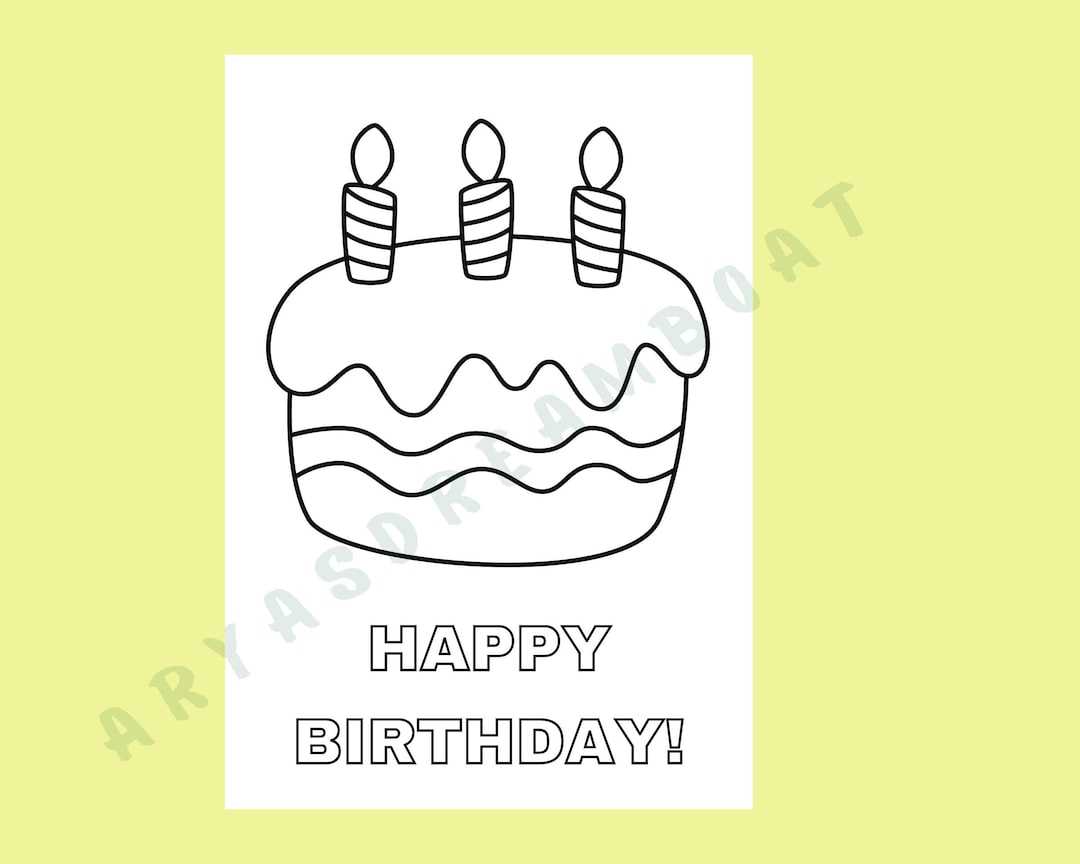 Happy Birthday Coloring Card, Birthday Cake Card, Birthday Card for ...