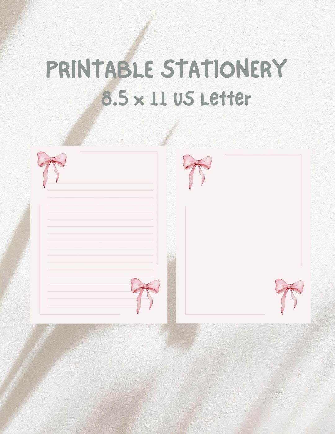 Pink Bow Printable Stationery Set, Girly Letter Writing Set, Lined and ...