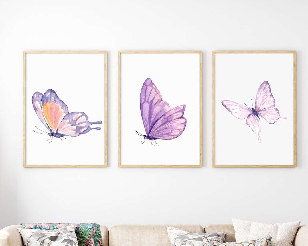 Watercolor Purple Butterfly Print Girls Bedroom Decor Trio Butterfly ...