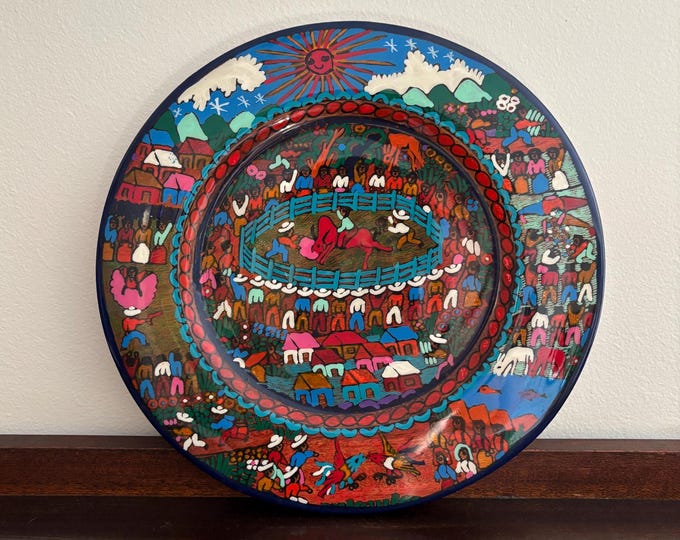 Vintage Mexican Story Plate Featuring Rodeo Scene, Hand Painted Wood ...