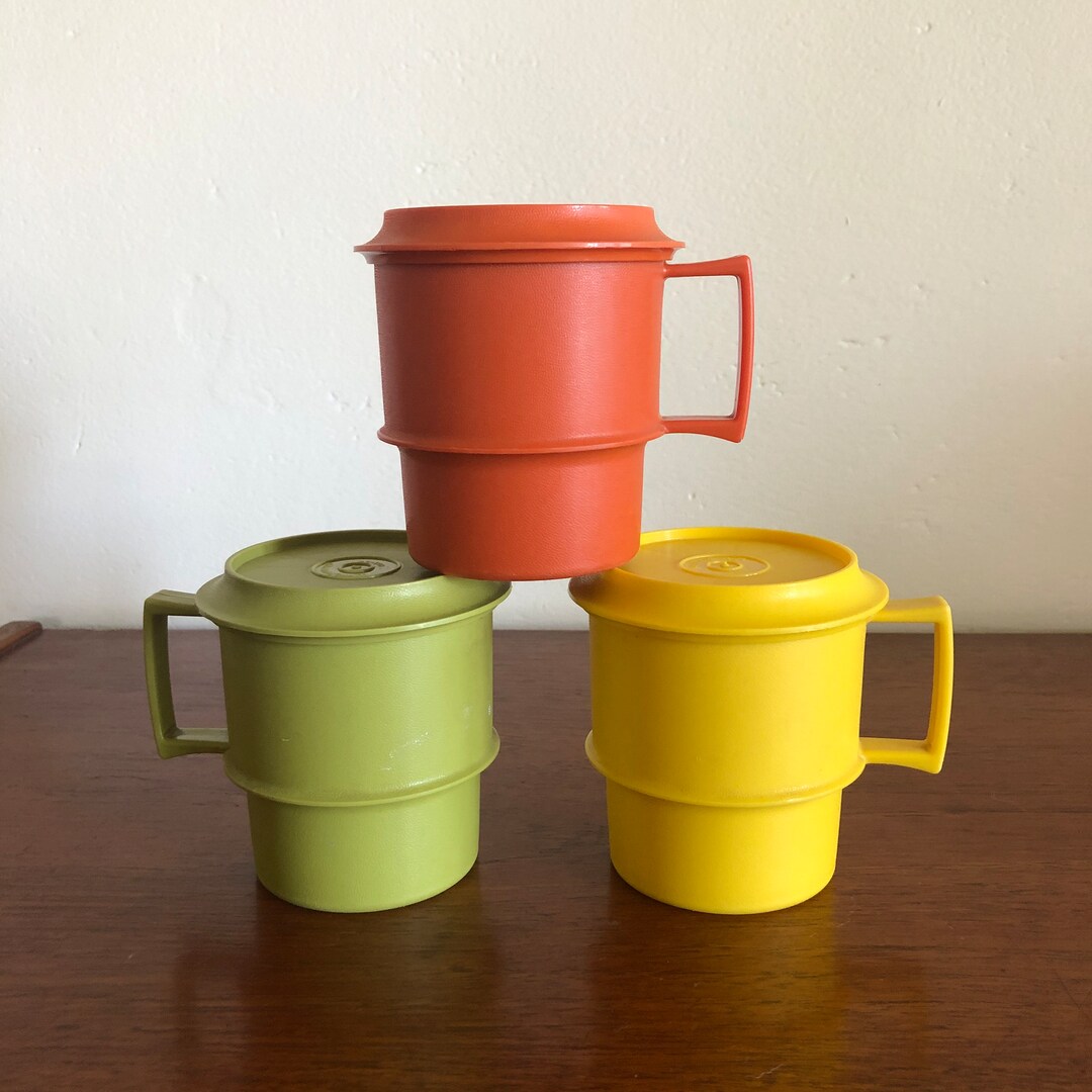 Vintage Tupperware Lidded Coffee Mugs in Ironic 70s Colours of Orange ...