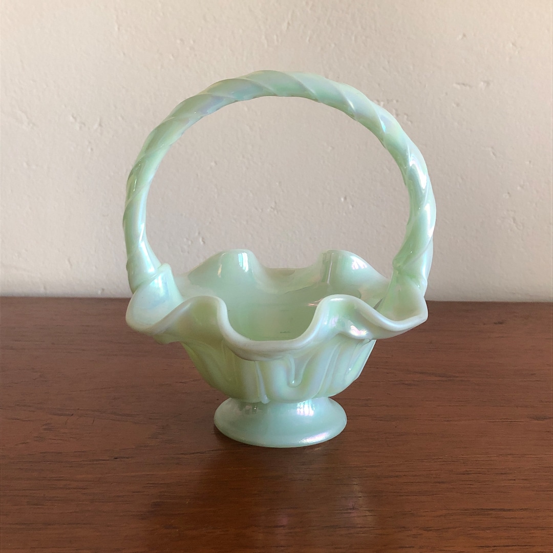 Vintage Fenton Art Glass Lamb's Tongue Wedding Basket in Opalescent Sea ...