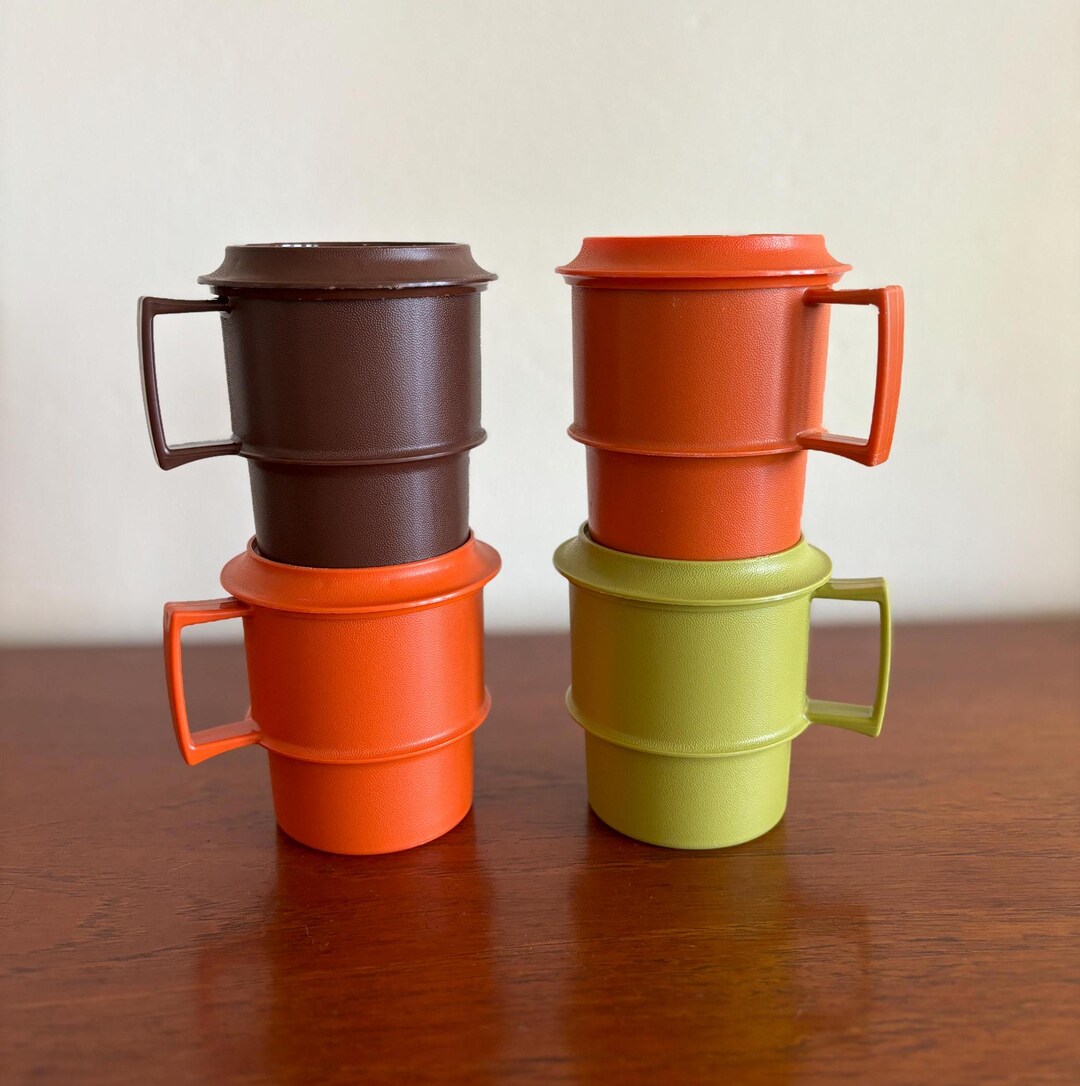Vintage Tupperware Lidded Coffee Mugs in Ironic 70s Colours of Orange ...