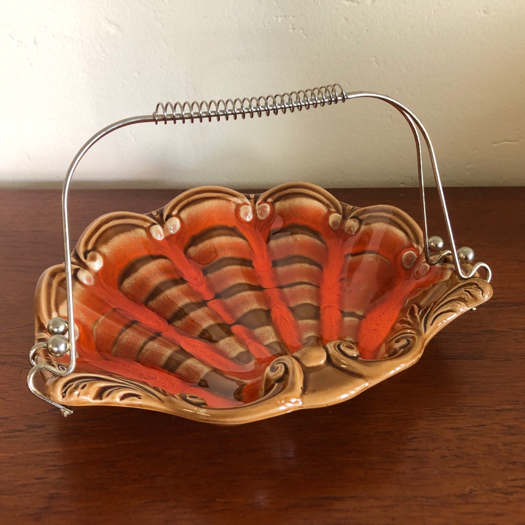 Vintage Clam Shell Serving Dish With Handle, Candy Nut Bowl, Rustic Red ...
