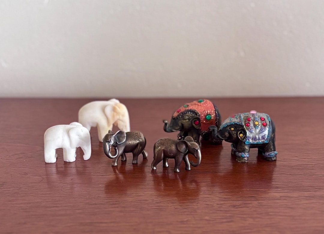 Vintage Elephant Decor Set: Six Small Animal Figurines in Stone, Metal ...