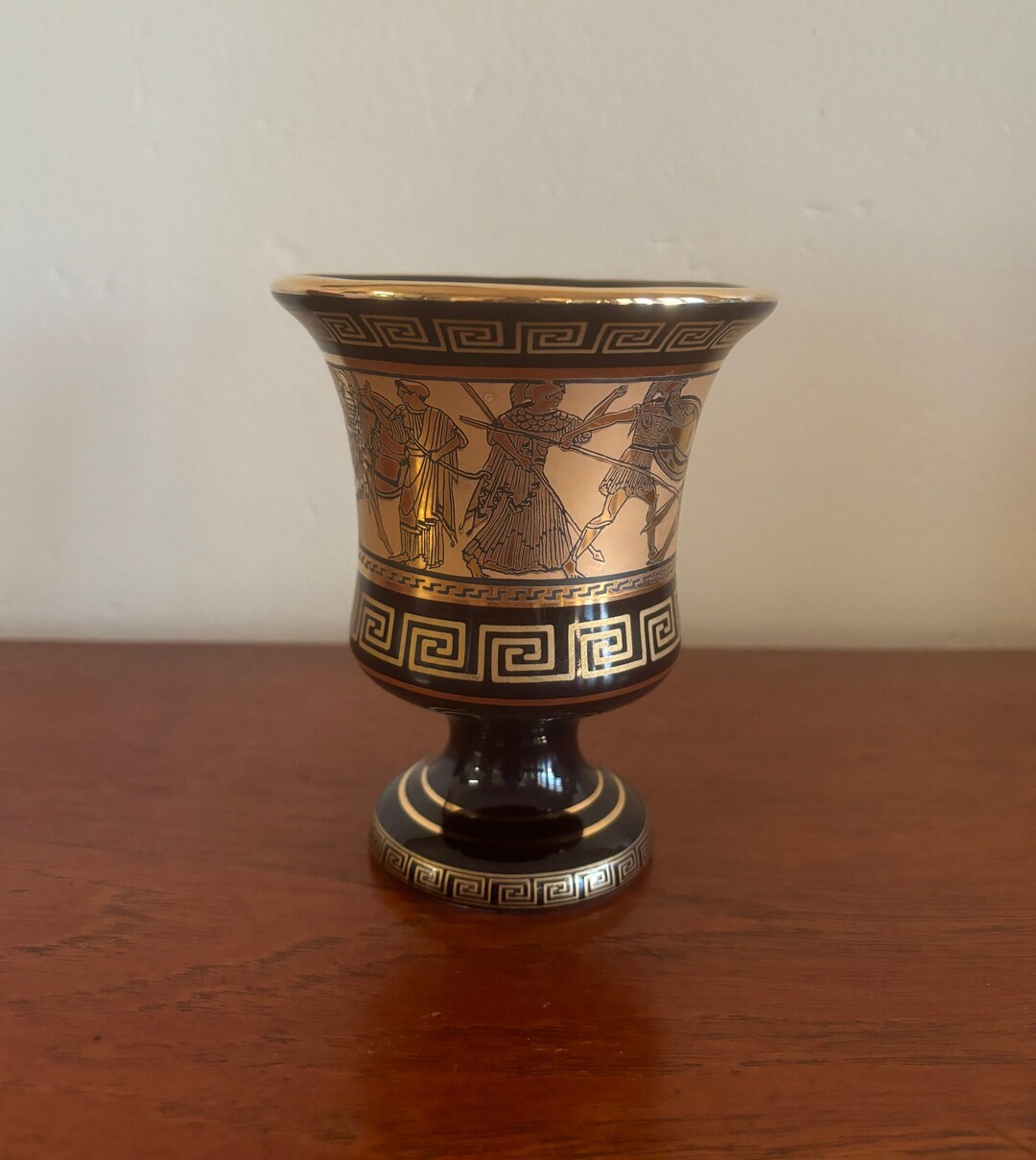 Vintage Greek Pottery Cup, Vase, Goblet in 24k Gold and Dark Blue, Hand ...