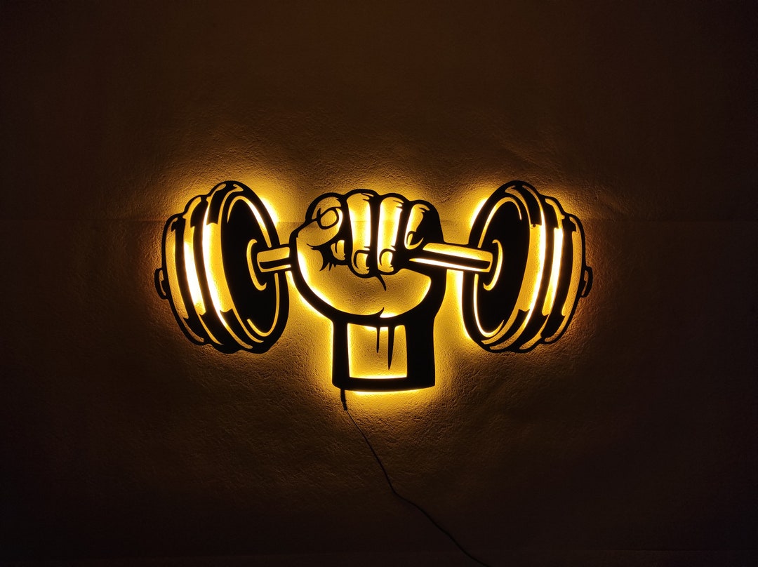 Dumbell Led Sign Powerlifting Sport Wood Wall Art With Led - Etsy