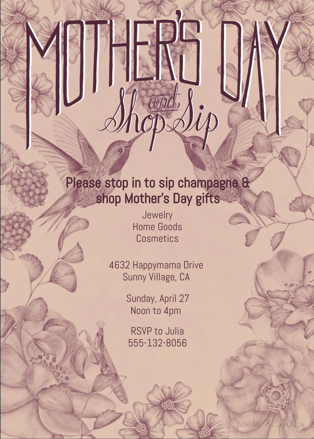 Editable Shop and Sip Hummingbird Theme Invite Template - DIY - 5x7 ...