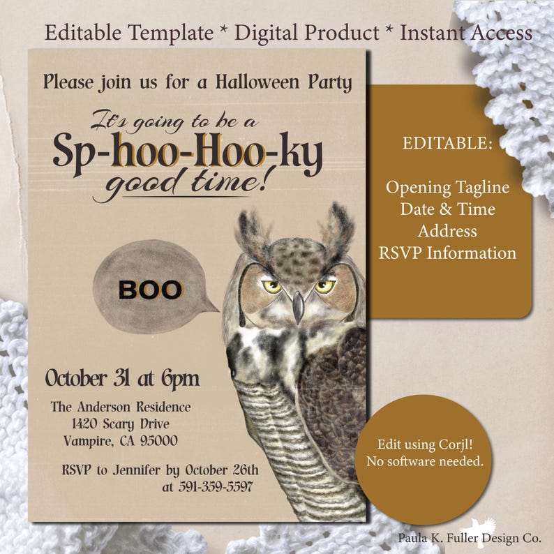Editable Halloween Party Invitation Template - Owl Themed - Sp-hoo-hoo ...