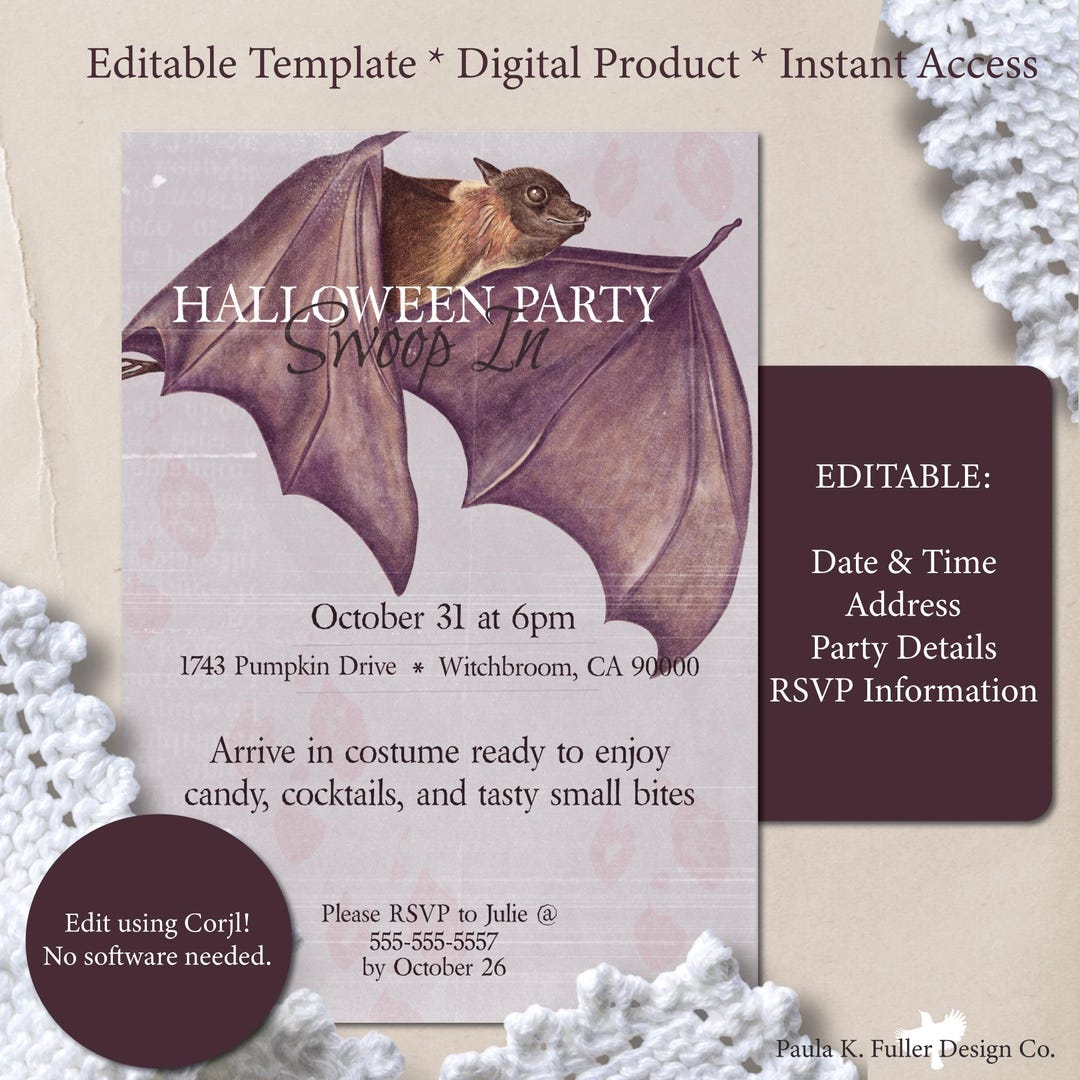Editable Halloween Party Invitation Template - Bat Themed - Swoop in ...