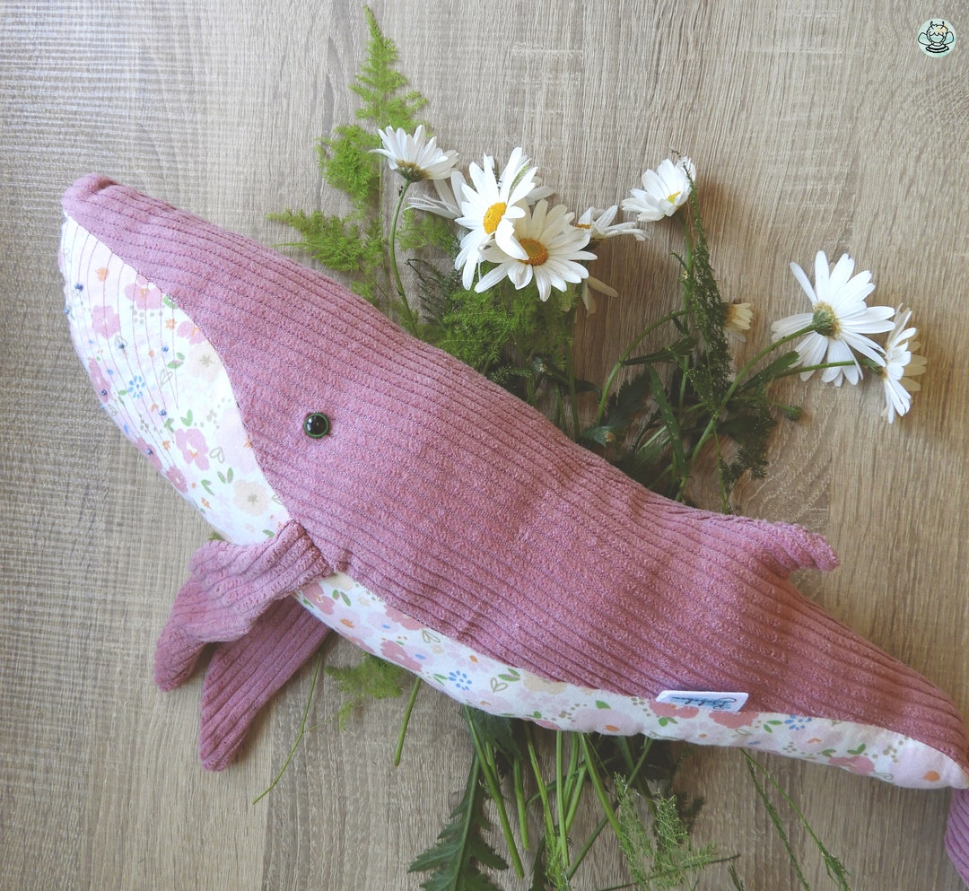 Handmade Ocean Pink Whale With Flowers, Made of Corduroy and Cotton ...