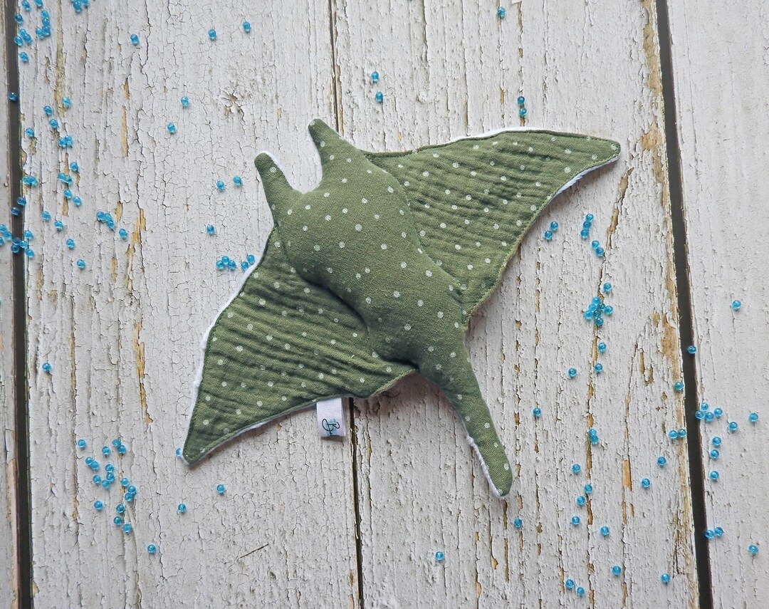 Handmade Mini Manta Ray Plush: Olive Green Polka Dot Cotton, Weighted ...