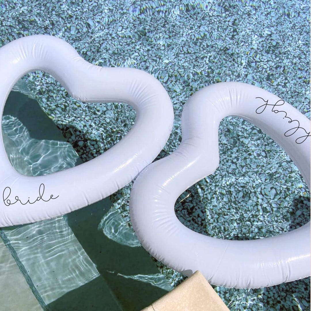 Personalised White Heart Pool Float | Bridal Party Decor, Rubber Ring ...