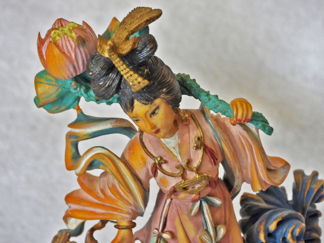 Hand-carved Oriental Princess Statue: Water Sprite Scene. Vibrant ...