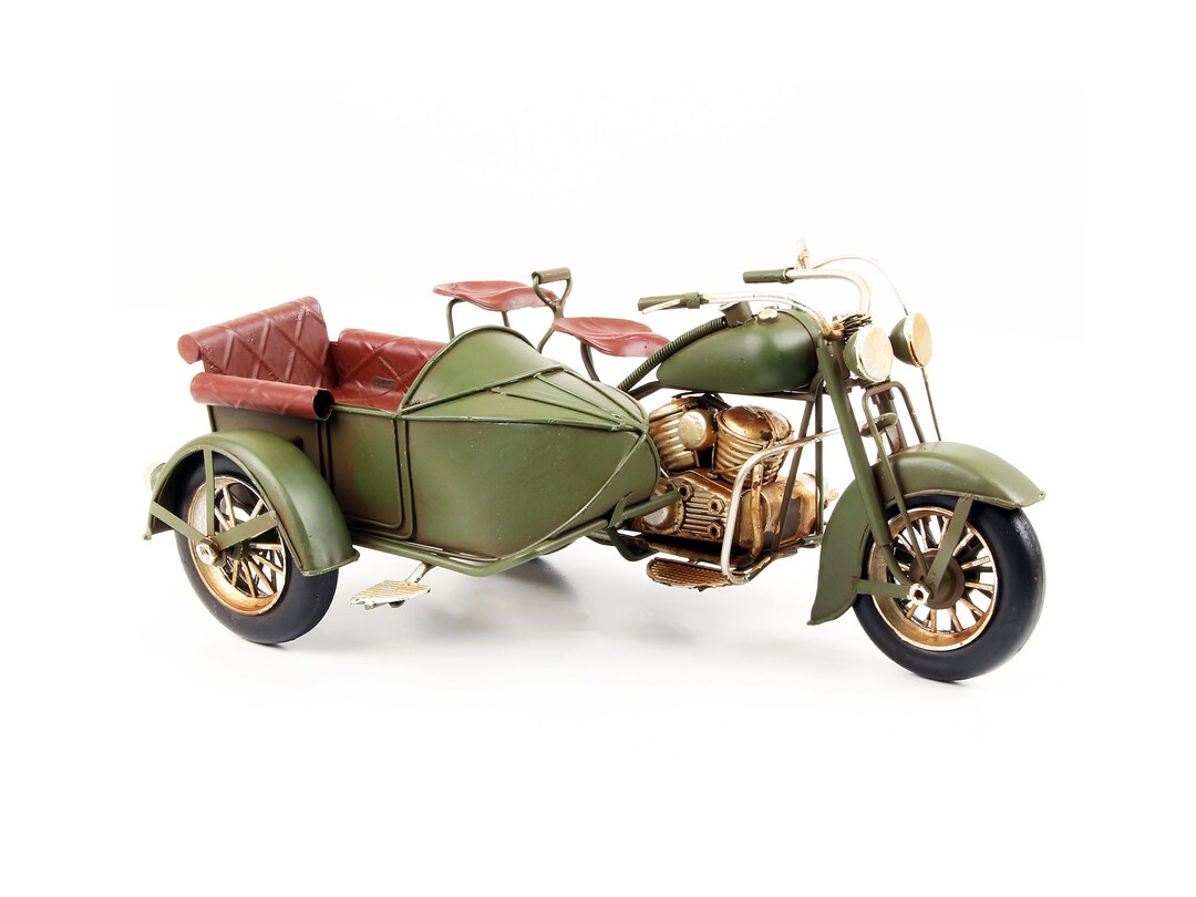 Large Green Metal Motorcycle With Sidecar, Vintage Motorbike Model ...