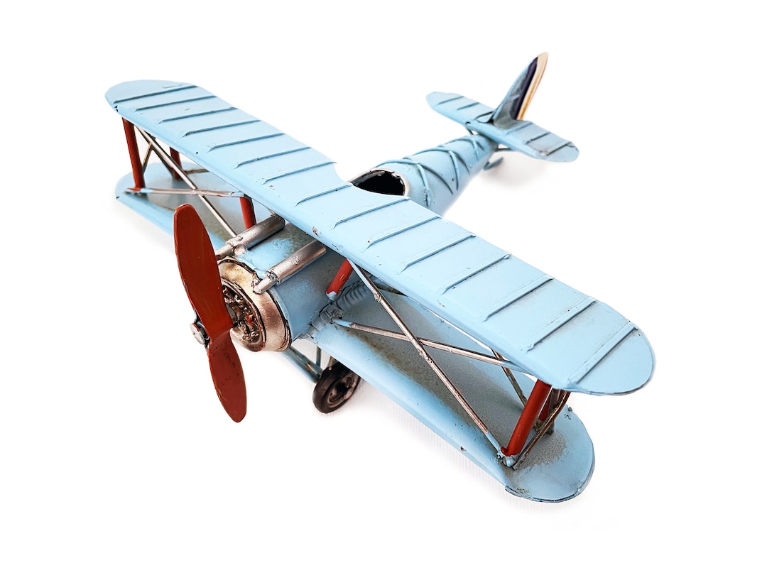 Vintage Airplane Metal Model, Blue Biplane Scale Model, Military ...