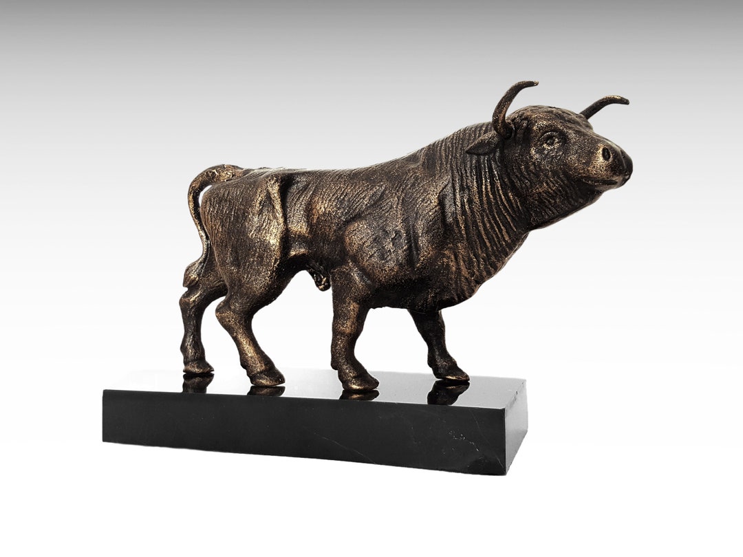 Large Bull Sculpture on Black Marble Base, Cast Iron Bull Statue ...