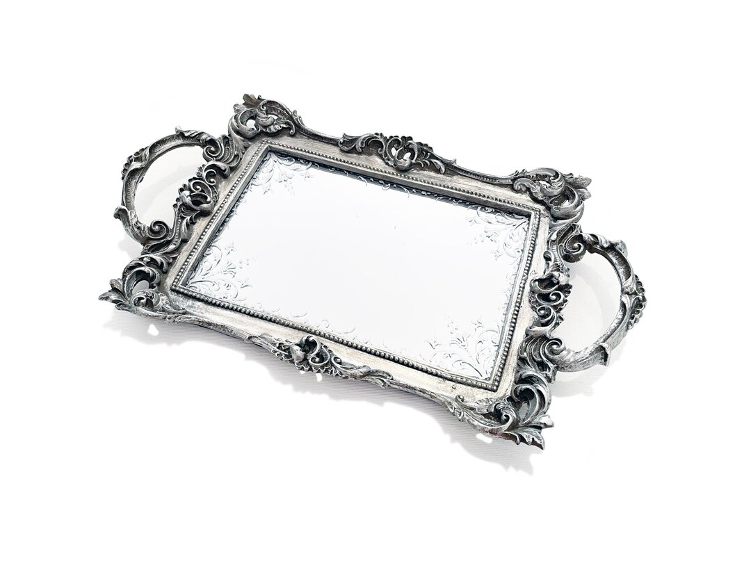 Vintage Mirrored Tray With Floral Decor Vanity Tray Mirror, Handled ...