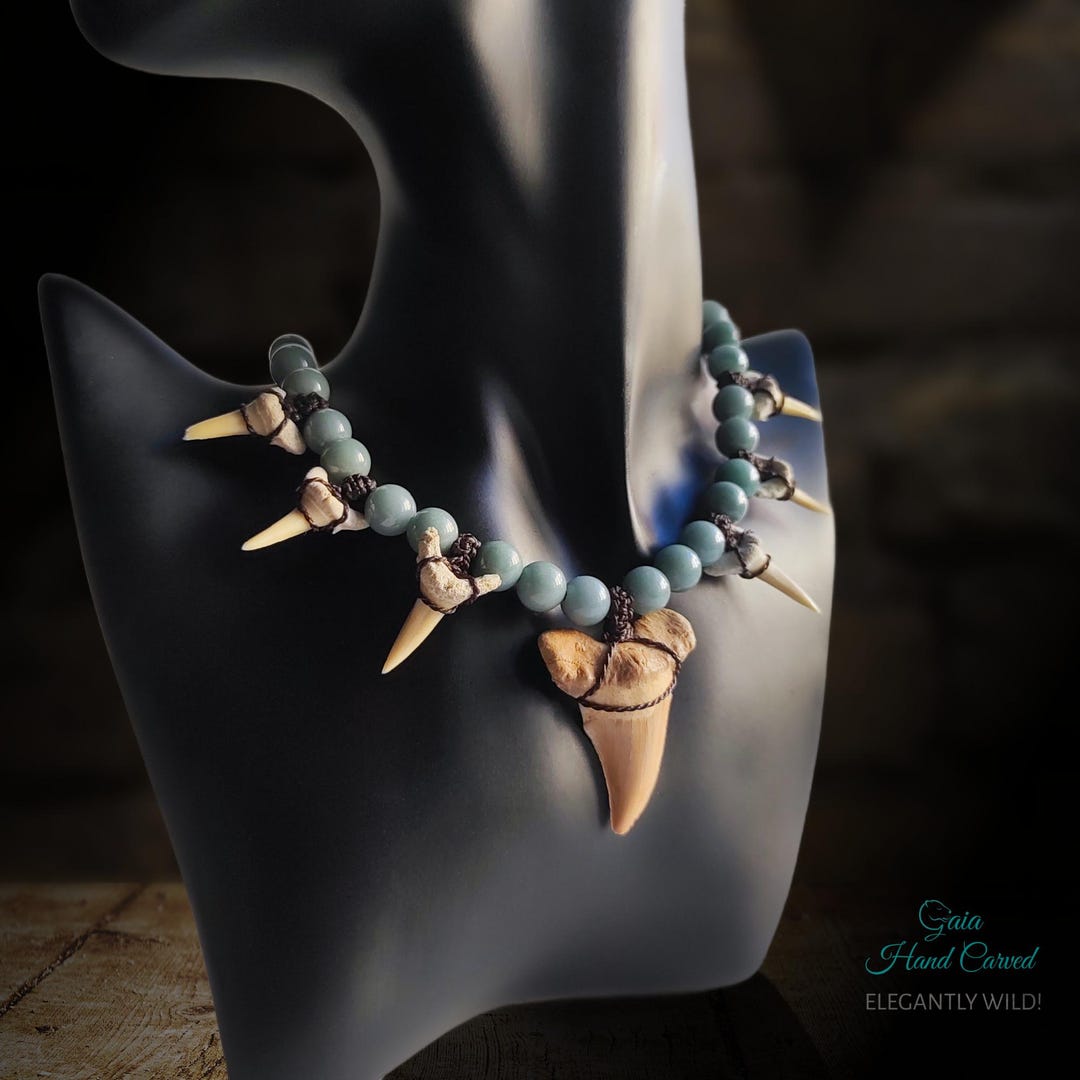 Guatemalan Jadeite Rustic Necklace, Shark Tooth and Crystal Bead ...
