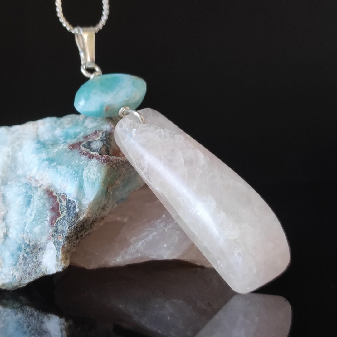 Toki Adze Necklace in Rose Quartz and Larimar, Hand-carved Stone Rose ...