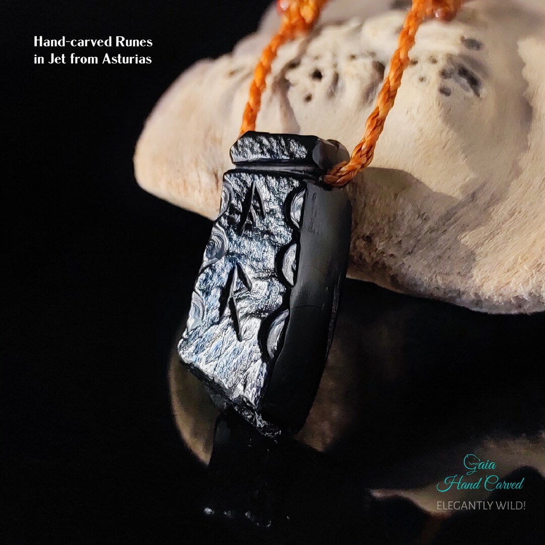 Runes Jet Pendant, Ansuz and Raido Runes Necklace, Hand-carved Stone ...
