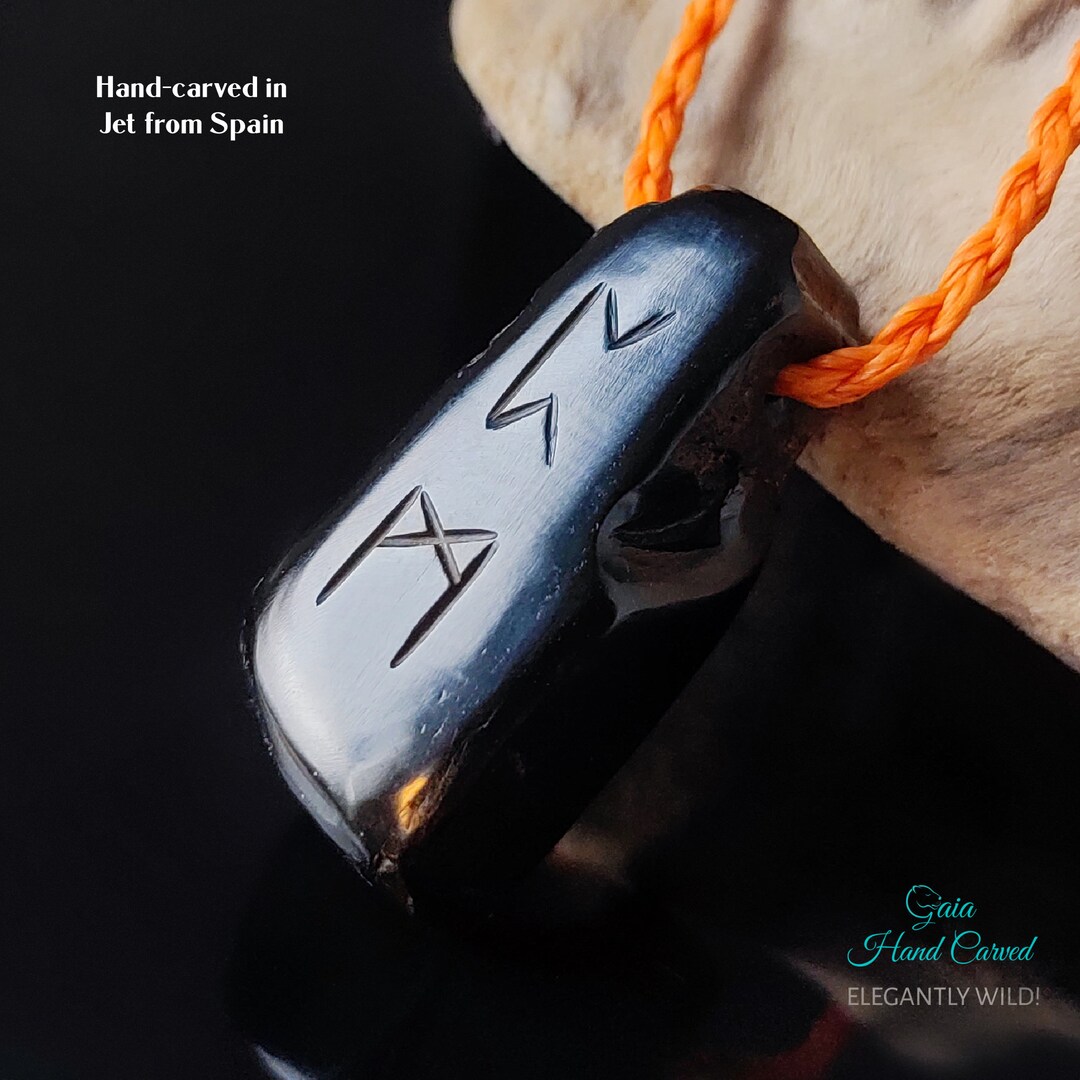 Norse Runes Pendant, Celtic Rune Jet Stone Necklace, Mannaz and Perthro ...