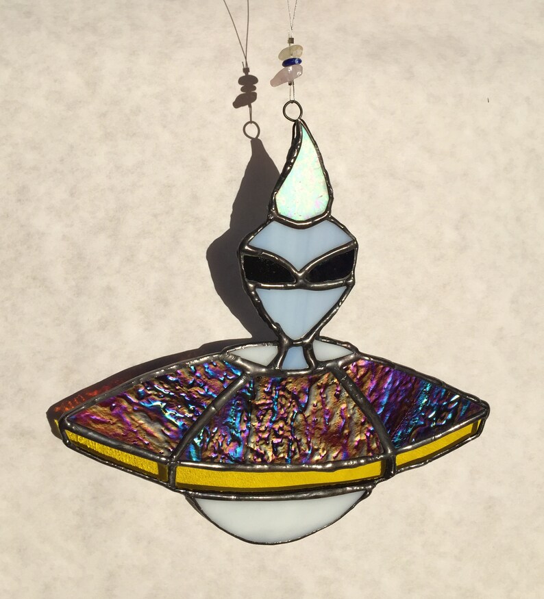 Alien Stained Glass Suncatcher UFO Flying Saucer ET Extra - Etsy