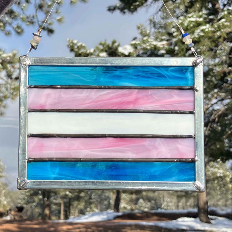 Transgender Flag Stained Glass Suncatcher With Gemstones Pink Blue ...