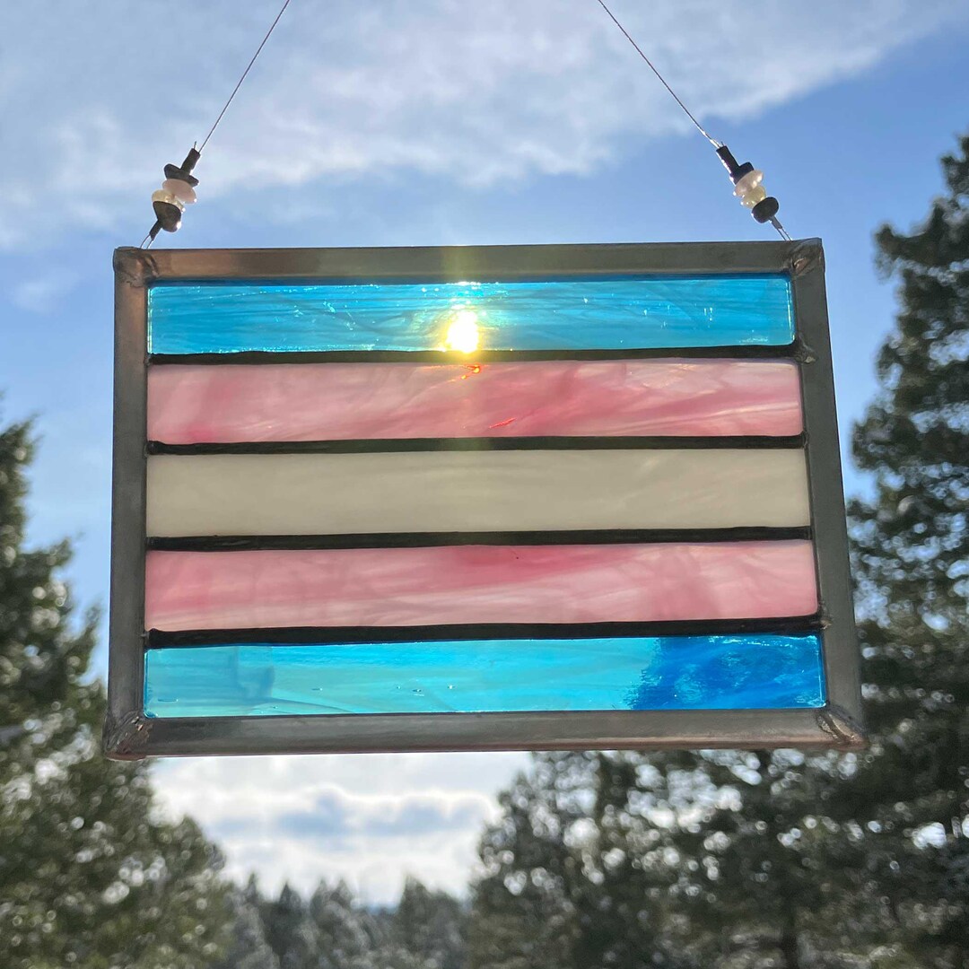 Transgender Flag Stained Glass Suncatcher With Gemstones Pink Blue ...