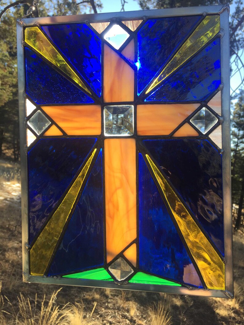 Stained Glass Cross Panel With Clear Bevels Christian Gift Christmas ...
