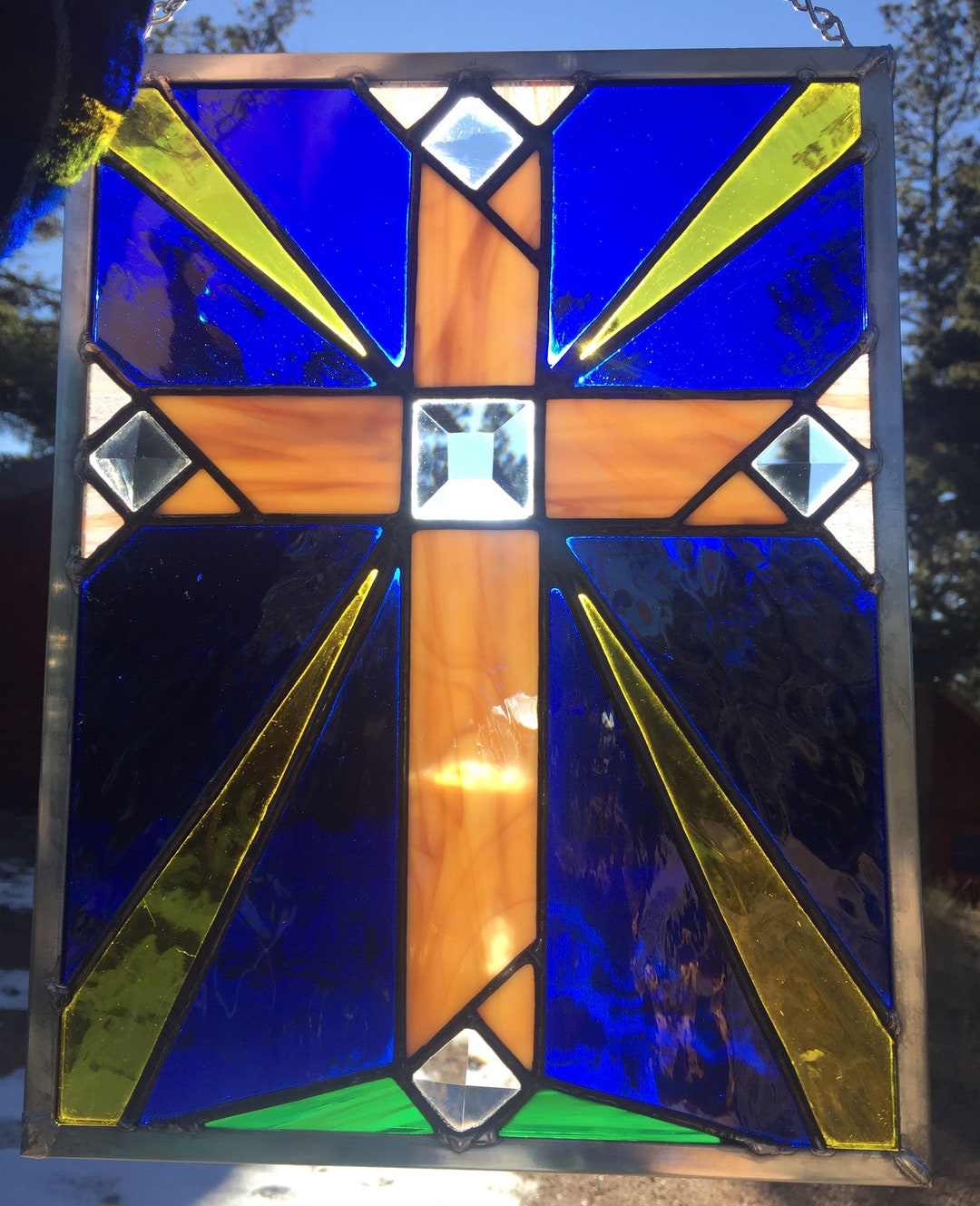 Stained Glass Cross Panel With Clear Bevels Christian Gift Christmas ...
