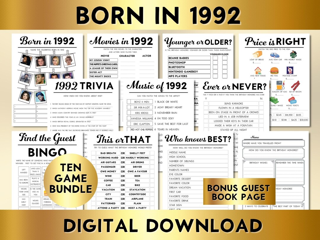 34th Birthday Party Games, Born in 1992 Trivia, Music Quiz (printable ...